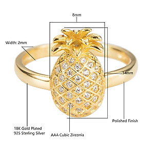 Aloha Jewelry Company 18K Gold Plated Sterling Silver Hawaiian Pineapple Plant Ring Stackable Wedding Band with Cubic Zirconia, Yellow-Gold (11)