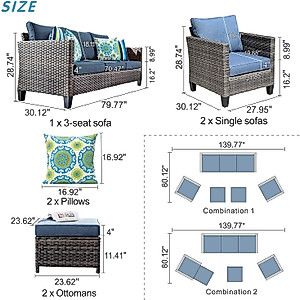 ovios Outdoor Furniture 5 Pieces Patio Furniture Set Sectional Conversation Set All Weather Wicker Rattan Sofa Couch for Yard Deck Porch, Grey Wicker, Denim Blue Cushion