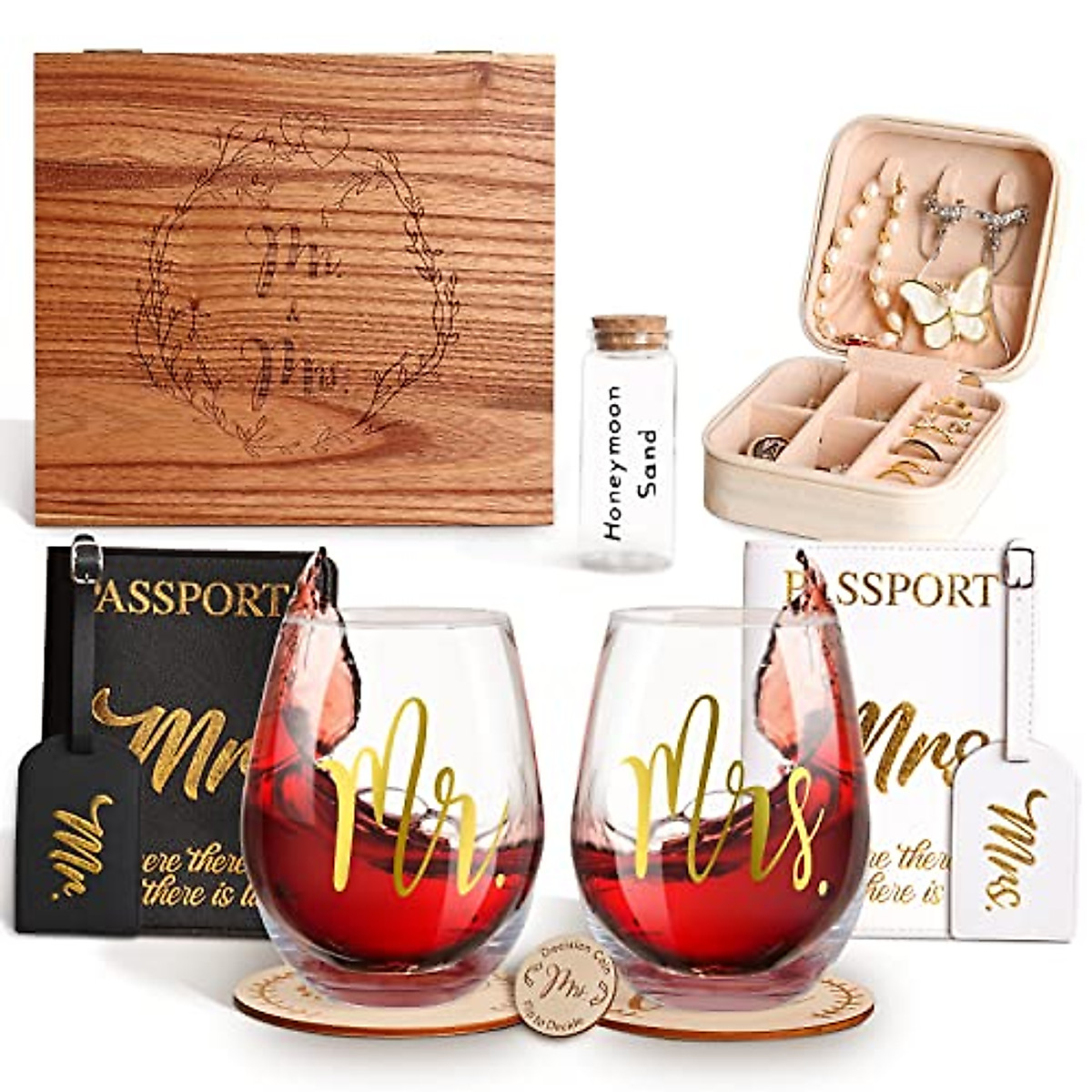 Frerdui Wedding Gifts for Bride and Groom, Mr Mrs Honeymoon Gift Set for Newlyweds Couple, Wine Beer Glasses with Wooden Box, for Travel, Anniversary, Just Married, Bridal Shower, Bride To Be