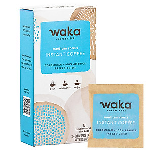 Waka Premium Instant Coffee Medium Roast, 8 Single Serve Packets in a Recyclable Box, 100% Arabica Beans, Freeze Dried Granules, For Hot or Iced Coffee