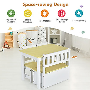 HONEY JOY Kids Table and Chair Set, Toddler Table and 2 Chairs Set w/Toy Storage Bench, 4-Piece Children Wooden Activity Table & Chair Set for Daycare Playroom, Gift for Boys Girls(Natural)