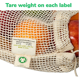 Reusable Cotton Mesh Produce Bags - 100% Organic Cotton, Durable, Double Stitched, Washable with Tare Weight & Drawstring - Mesh Bags for Grocery Shopping, Vegetables & Fruits | 6 Bags (2L, 2M, 2S)
