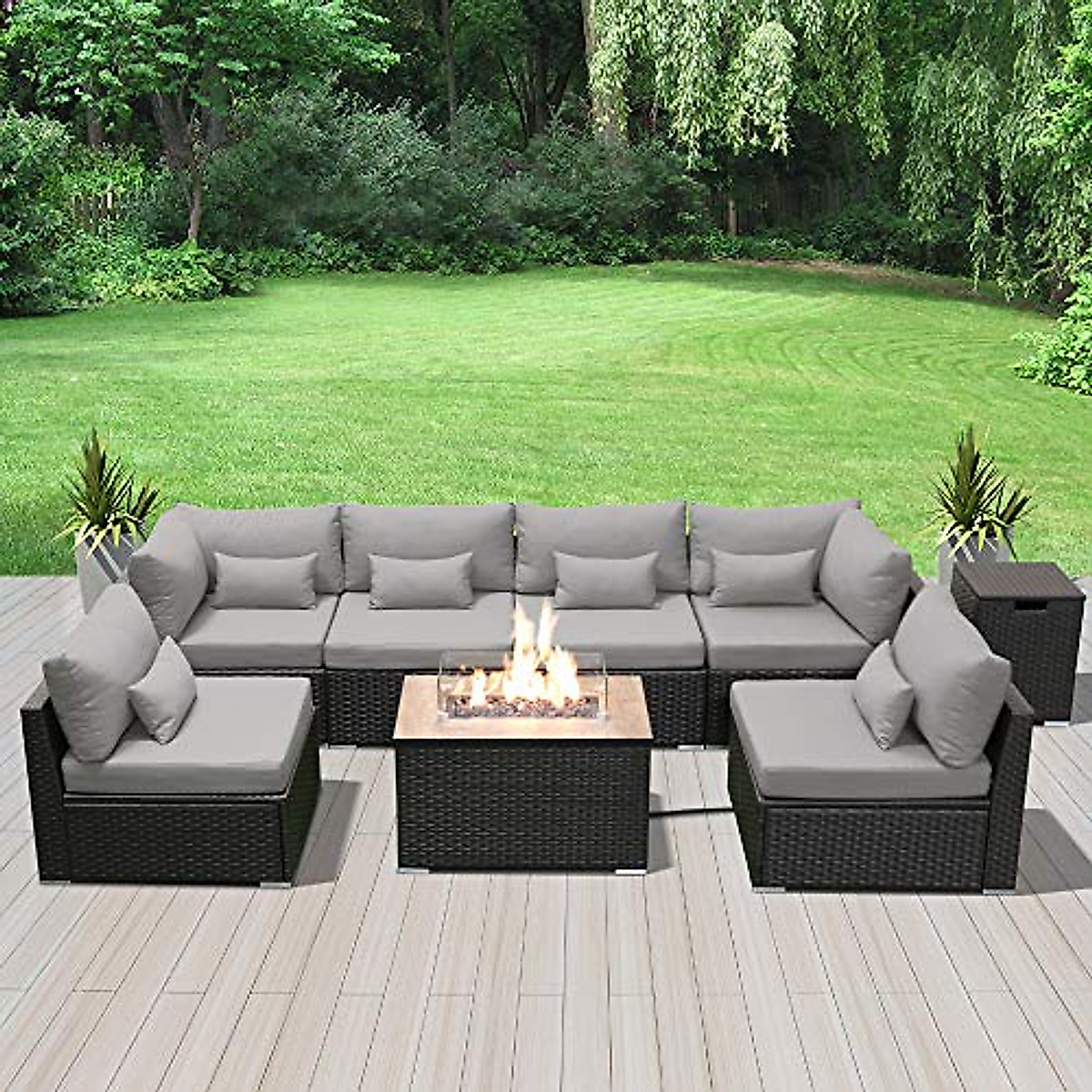 Dineli Patio Furniture Sectional Sofa with Gas Fire Pit Table Outdoor Patio Furniture Sets Propane Fire Pit (Light Gray-Rectangular Table)