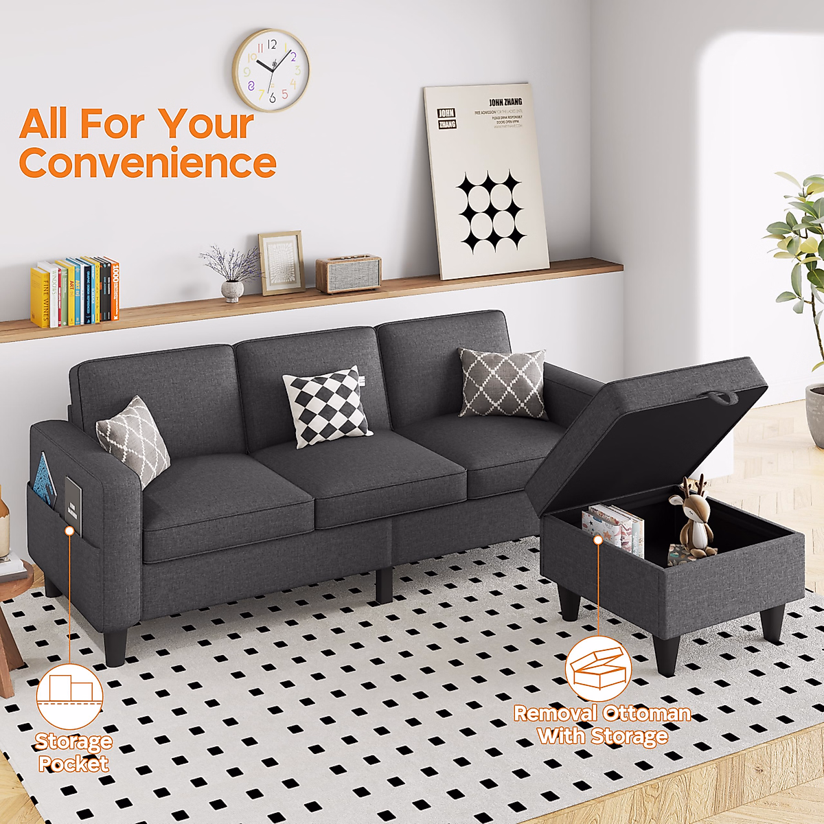 ZeeFu Convertible Sectional Sofa Couch: Dark Gray 3Seat L-Shaped Sectional Sofa Couches with Storage Ottoman - Modern Linen Fabric Small Sofa Furniture Set for Living Room Office Small Space Apartment