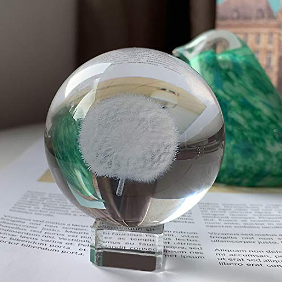 HDCRYSTALGIFTS Crystal 2.4 inch (60mm) Carving Dandelion Crystal Ball with Free Glass Stand,Fengshui Glass Ball Home Decoration