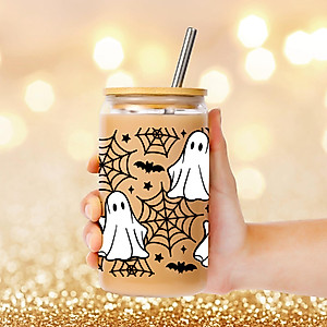 Lovearth 16oz Halloween Ghost Glass Tumbler, Spider Web Halloween Glass Cup with Lid and Straw, Cute Halloween Bats Cup, Spooky Gifts, Boo Basket Stuffers for Women, Gifts for Halloween Lovers