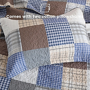 Secgo Queen Comforter Set for Bed - 100% Cotton Quilts Queen Size, Bule, Plaid Bedspreads (90 * 98 Inch) with 2 Pillow Shams, Patchwork Reversible Lightweight Bedding