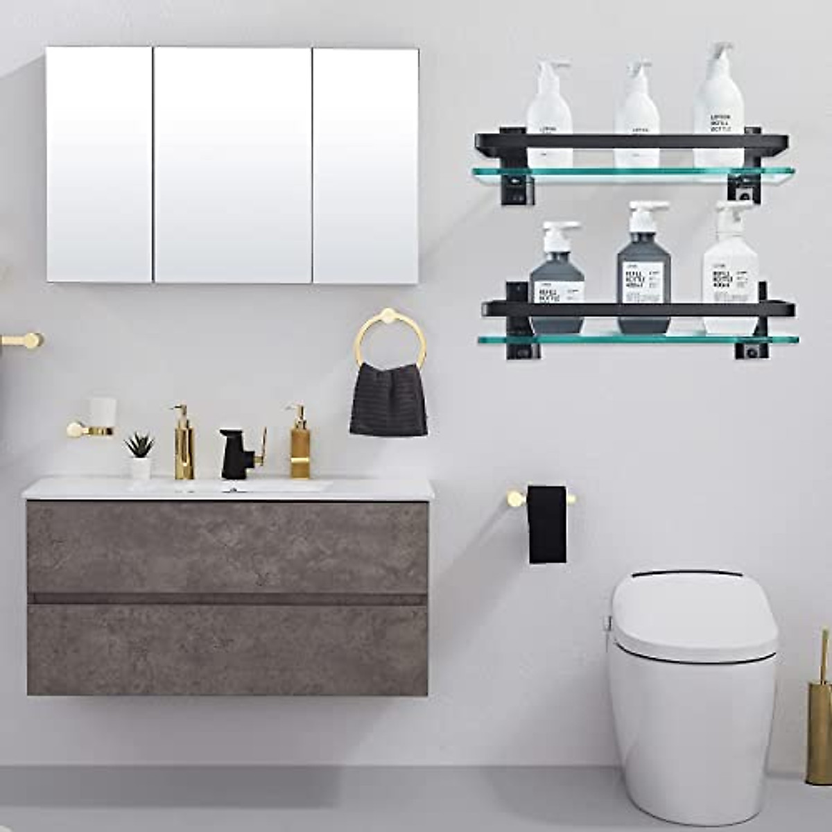 AIJALY 2 Pack Bathroom Glass Shelf,Aluminum Tempered Glass 0.34in Extra Thick Rectangular 1 Tier Storage Organizer Wall Mount,Black 15.7in