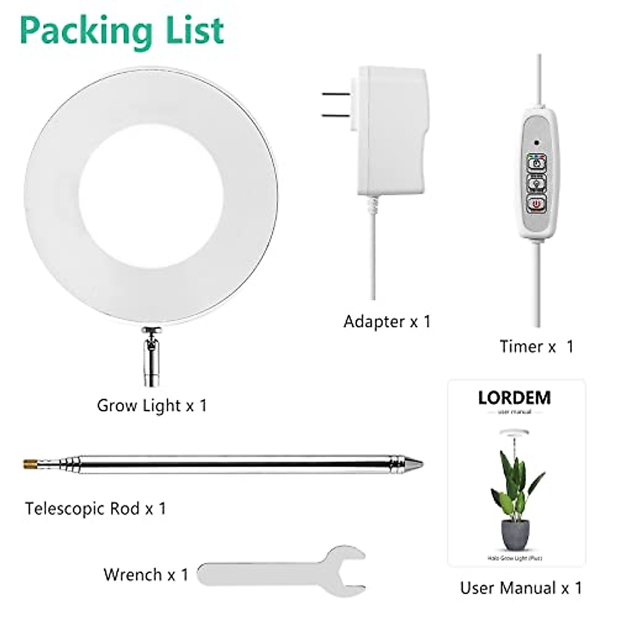 LORDEM Plant Grow Light, Full Spectrum Plant Light for Indoor Plants, Brightness Adjustable LED Growing Lamp with Auto On/Off Timer 4H/8H/12H, Height Adjustable, Ideal for Tall Plants