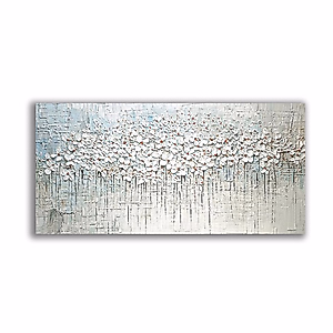 3D Knife Abstract White Flowers Oil Painting Handpainted On Canvas Living Room Salon Home Decoration Painting,27inx54in,No Frame
