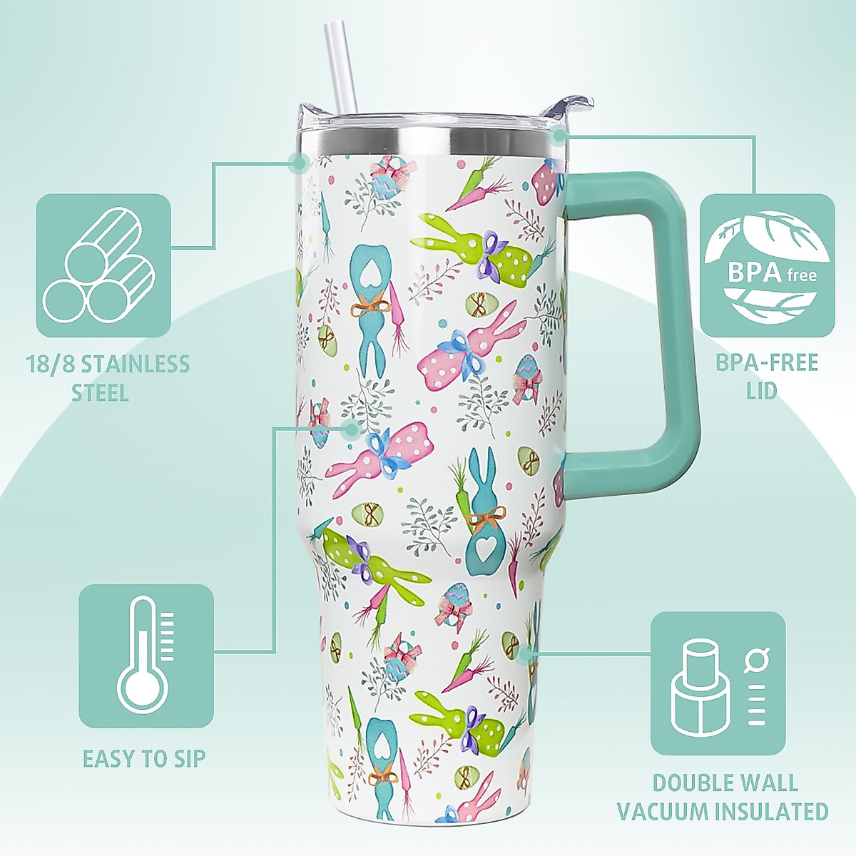 Nqhsionv Easter Tumbler with Handle 40 oz Easter Bunny Coffee Travel Mug Stainless Steel Rabbit Insulated Cup Happy Easter Decor Gifts