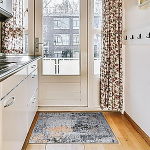 Fashriend Katina Abstract Pastel Entry Rug, 2'×3' Distressed Aesthetic Modern Rug, Non Slip Thin Machine Washable Rug, No Shedding Door Mat with Low Pile for Entrance, Laundry, Kitchen, Bath, Grey