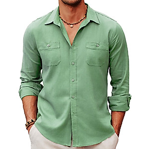 COOFANDY Men's Linen Shirt Long Sleeve Two Pockets Plain Lightweight Shirts