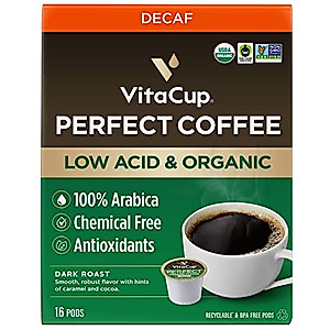 VitaCup Organic Perfect Dark Roast Decaf Coffee Pod for Pure & Clean Energy & Antioxidants from Low Acid, Guatemala Single Origin in Recyclable Single Serve Pod compatible w/ Keurig K-Cup Brewers,16CT