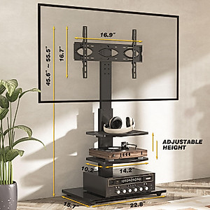 5Rcom Tall Swivel Floor TV Stand with 3 Shelves TV Stand Mount for Most 32 37 47 50 55 60 65 70 inch Plasma LCD LED OLED Flat Screen or Curved TVs, Tall Narrow Stand with Height Adjustable, Black