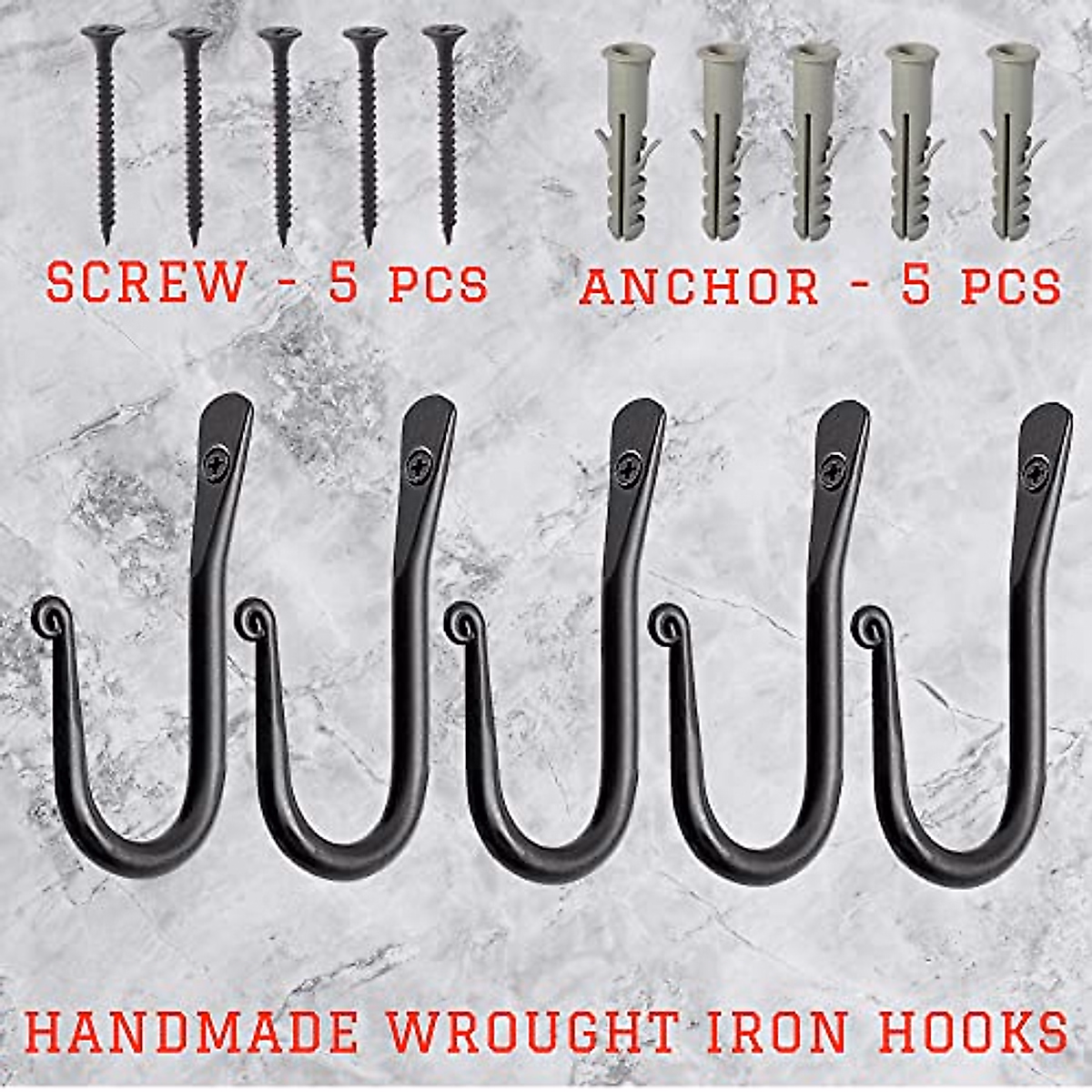 HB Wrought Iron Coat Hooks ~ Set of 5 Decorative Black Wall Mounted Rustic ~ Blacksmith Handmade Rust Proof Single J Hook for Hanging Robes, Hats, Clothes, Bags, Backpacks, Towels