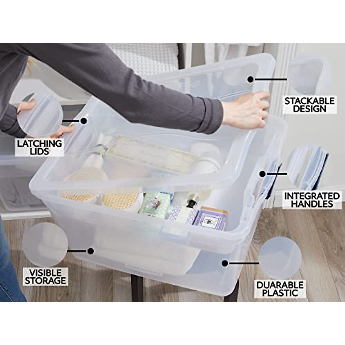 Rubbermaid 71 Qt. Cleverstore Clear Bundle with Tray Inserts, Pack of 4, Clear Plastic Storage Bins with Built-In Handles to Maximize Storage, Great for Large and Small Items
