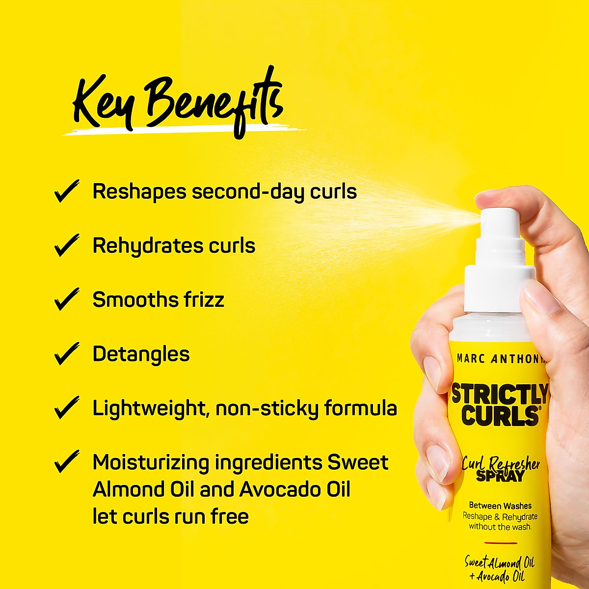 Marc Anthony Curl Refresher Hair Spray, Strictly Curls - Hydrating Detangler Hairspray for Curly & Wavy Hair - Moisturizing & Curl Defining Anti-Frizz Formula with Sweet Almond Oil & Avocado Oil, 4 Oz