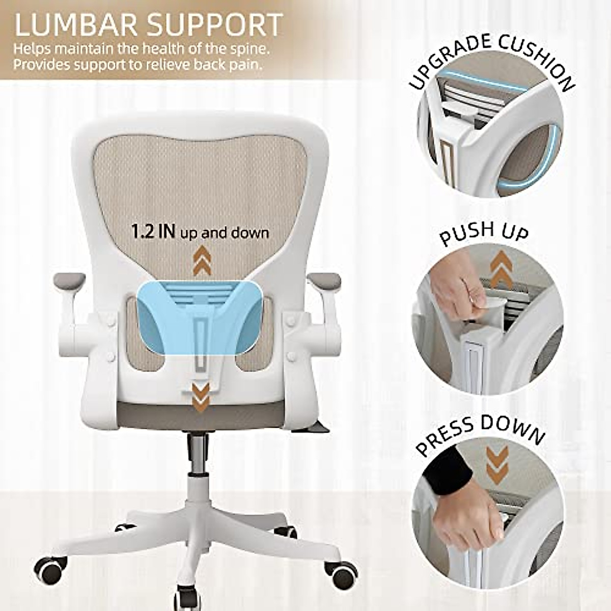 Monhey Office Chair - Ergonomic Office Chair with Lumbar Support & Flip-up Arms Home Office Desk Chairs Height Adjustable High Back Rockable Computer Chair Swivel 360° Warm Taupe Mesh Study Chair