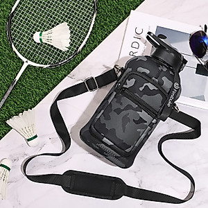 Fimibuke Half Gallon Water Bottle with Sleeve 64 OZ Water Bottle with Handle & Straw Leakproof Motivational Sports Gym Water Bottle with Time Marker BPA Free Water Jug with Neoprene Holder - Camo