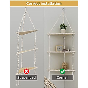 Mazjoaru Macrame Corner Shelves 3 Tier, Boho Handmade Woven White Rope Beige Hanging Floating Shelf Decor Display Storage Organizer for Bedroom Bathroom Office Living Room