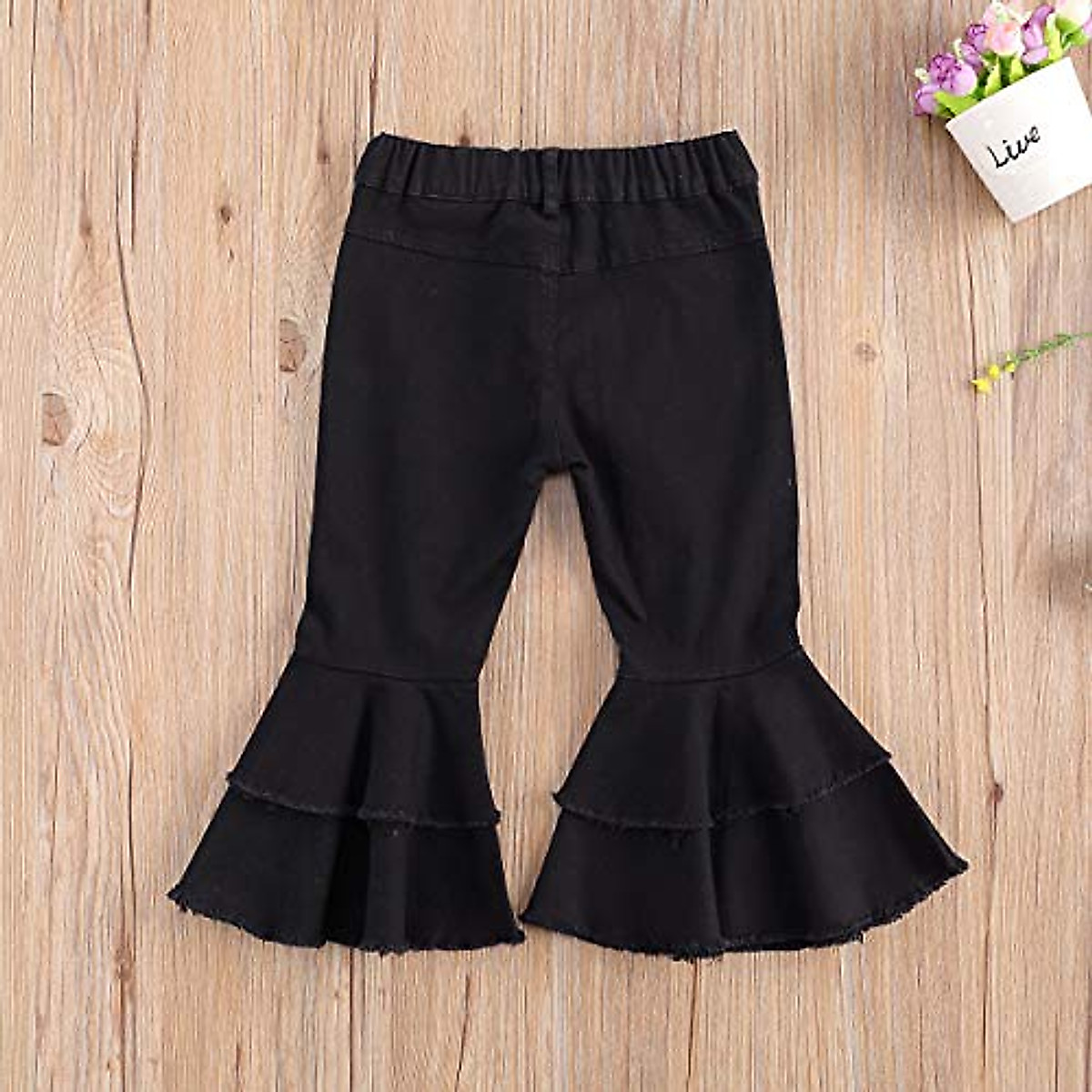 FIOMVA Toddler Baby Girls Flare Pants Solid Denim Ripped Jeans Ruffle Wide Leg Legging Trousers High Waist Bell Bottoms (B-Double Layered Ripped Black,1-2T)
