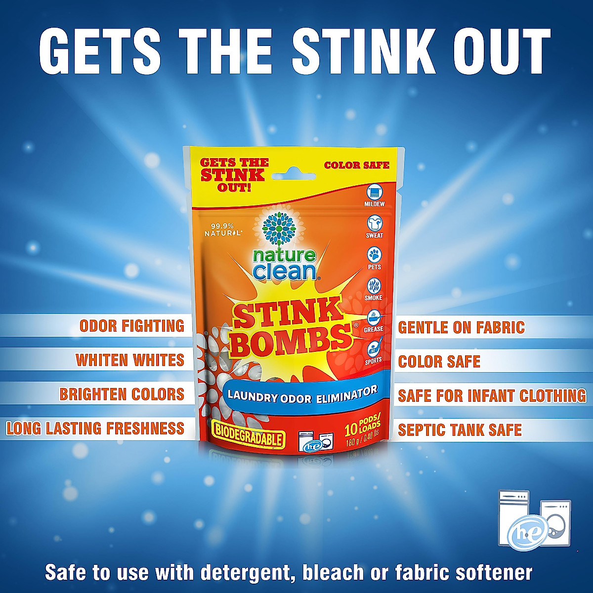 Nature Clean Stink Bomb Odor Remover Pacs for Laundry, 10 Count