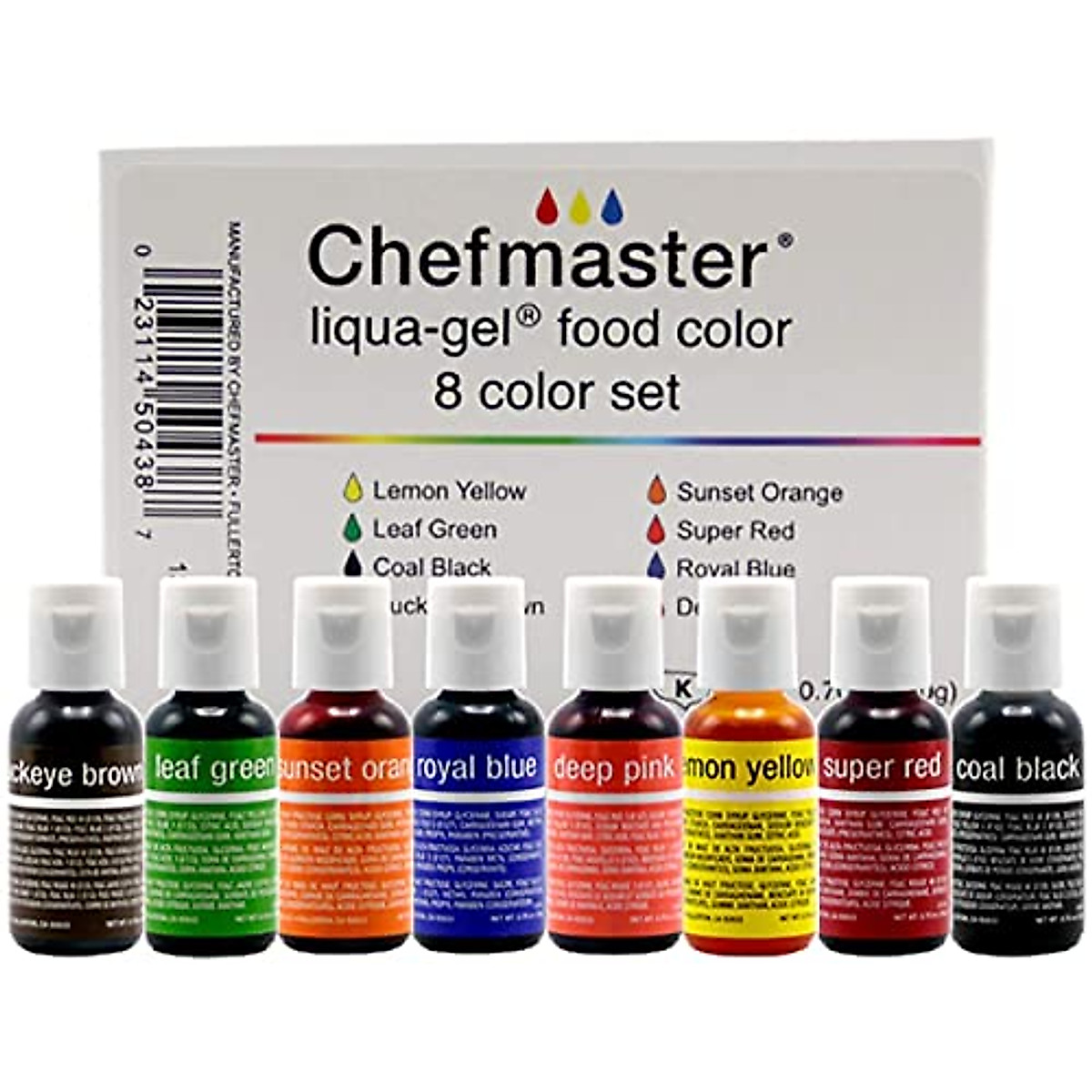 Chefmaster - Liqua-Gel Food Coloring - Fade Resistant Food Coloring - 8 Pack - Vibrant, Eye-Catching Colors, Easy-To-Blend Formula, Fade-Resistant - Made in the USA