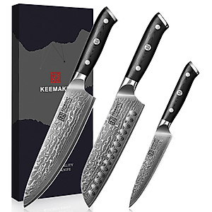 KEEMAKE Damascus Knife Set 3 PCS, Razor Sharp Kitchen Knife Set, 67 Layers Damascus Steel Knife, Japanese Chef Knife Set with Full Tang Ergonomic Handle, Kitchen Knives for Meat Vegetable Cutting