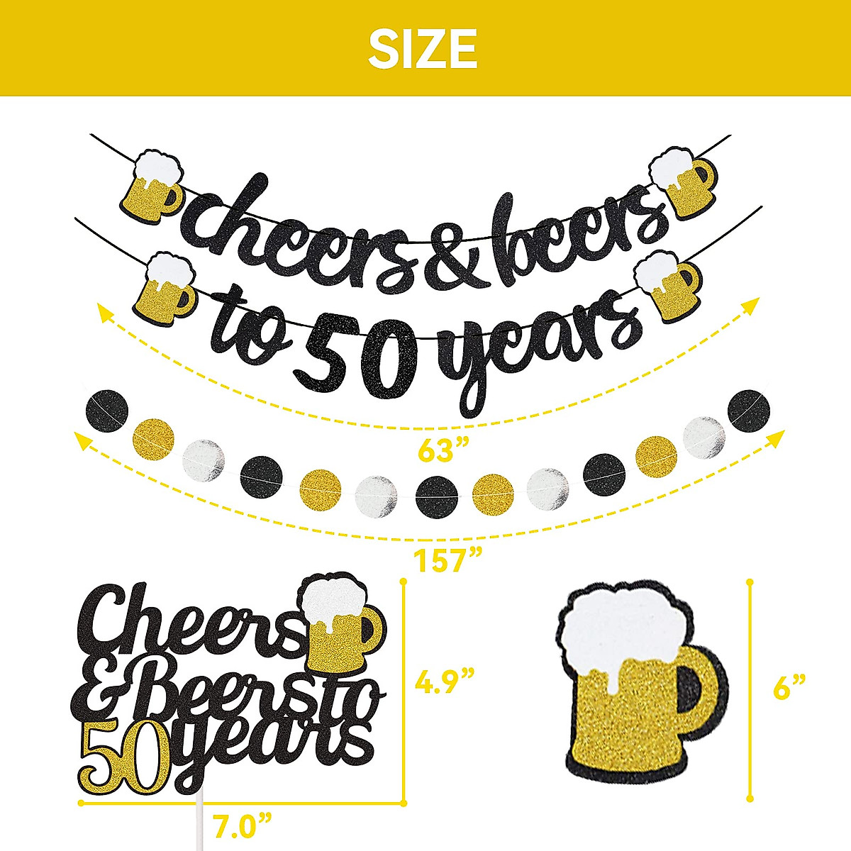50th Birthday Decorations, 50 Years Anniversary Decorations for Men Women, Cheers to 50 Years Banner with 50 Years Old Cake Topper, Black Gold Glittery Circle Dots Garland for 50 Birthday Wedding