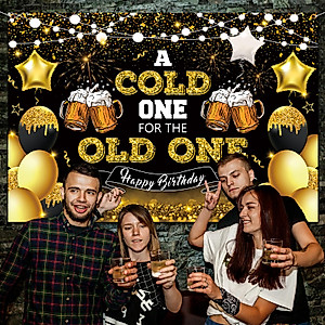 Beer Party Decorations,Black and Gold Happy Birthday Backdrop for Men A Cold One for The Old One Photography Background Banner for 30th 40th 50th Birthday Cheers and Beers Party Supplies