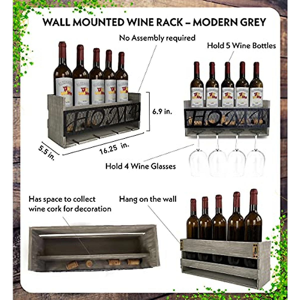 CoTa Global Modern Grey Wall Mounted Wine Rack - Wooden Wine Bottle Holder for 5 Bottles & 4 Wine Glasses with Cork Storage, Hanging Metal Home Sign & Organizer Wood Shelf for Wine Bar & Home Décor