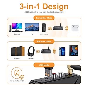JXTZ Bluetooth Transmitter Receiver, 3 in 1 Bluetooth 5.0 Aux Audio Adapter with USB/RCA/AUX Output for Music Streaming Sound System, Bluetooth Receiver for Home Stereo/TV/Car/PC/Headphone/Speaker