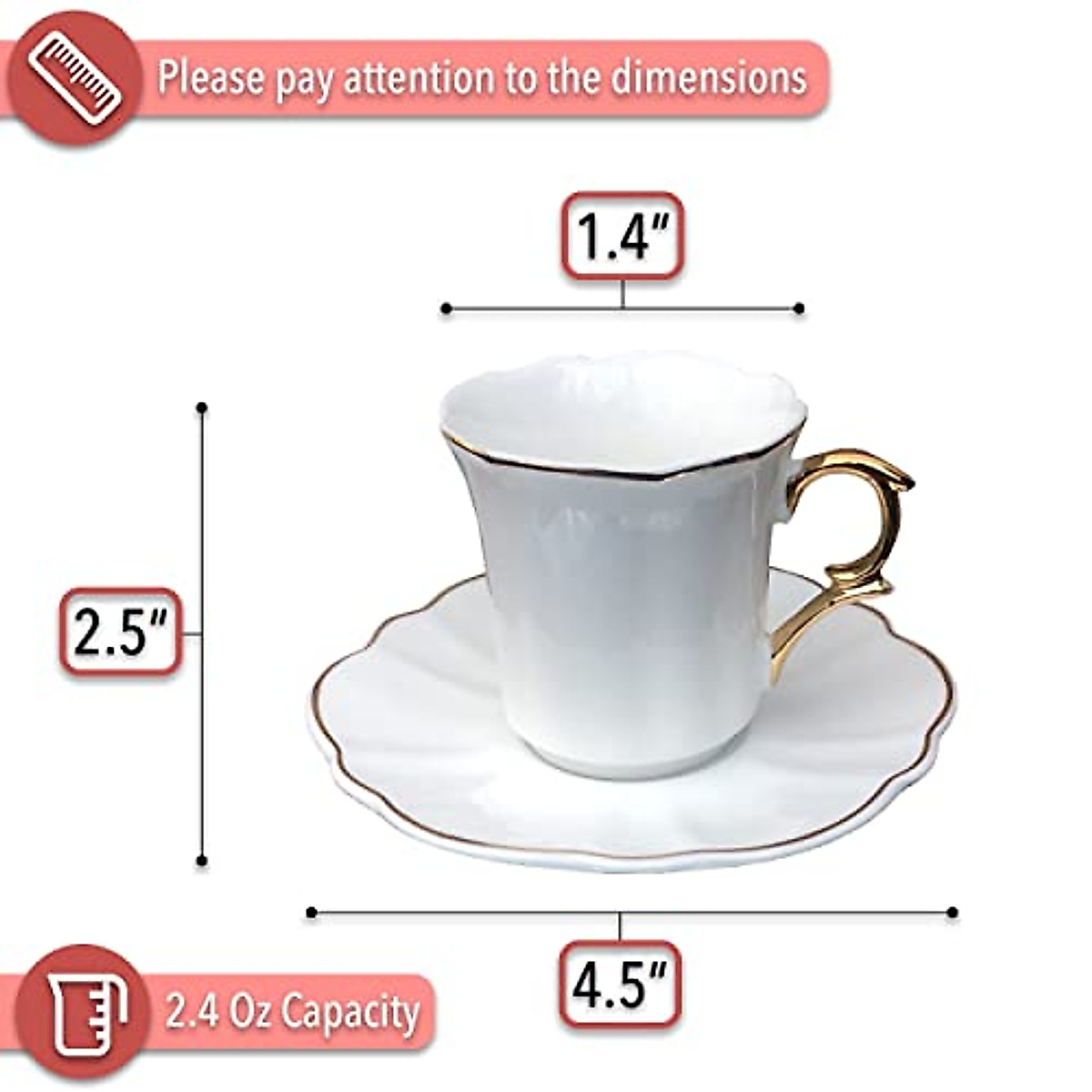 BTaT- Small Espresso Cups and Saucers, Set of 6 Demitasse Cups (2.4 oz) with Gold Trim and Gift Box, Small Coffee Cup, White Espresso Cup, Turkish Coffee Cup, Porcelain Espresso Cup