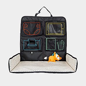 Beanko Baby Portable Diaper Changing Station for Your Car | Waterproof, Detachable, Toy Loops, 4 Pockets, Wet Wipes Holder, Tummy Time Mat, Kick Mat, Tablet Holder | LUMI - Black with Ministars