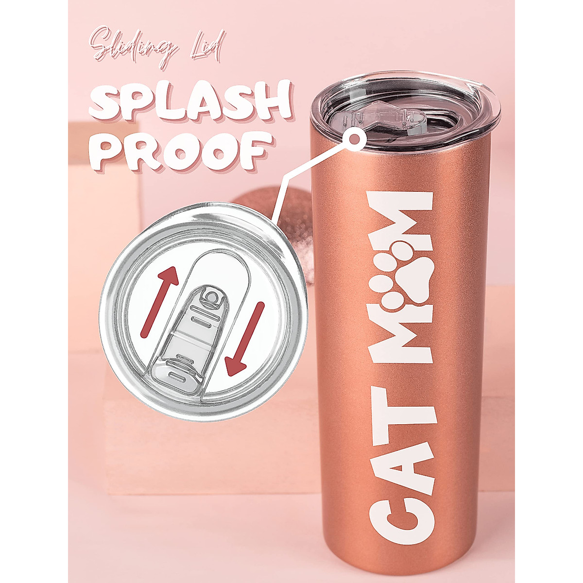Onebttl Cat Gifts for Cat Lovers, Insulated Stainless Steel Tumblers with Lids and Straws, Crazy Cat Lady, Cat Mom Gifts for Birthday, Mother's Day, Christmas, 20 oz, Rose gold