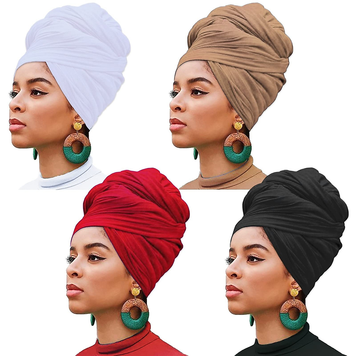XTREND 4 Pieces Stretch Head Wrap Jersey Turban Fashion Headband Solid Color Bohemian Extra Long Hair Scarf Soft Breathable Easy to Knot Turban Tie for Women (Black, Camel, White, Wine Red)