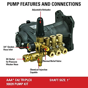 AAA 90039 Horizontal Triplex Plunger Replacement Pressure Washer Pump Kit, 4000 PSI, 3.5 GPM, 1" Shaft, Includes Hardware and Siphon Tube, for Industrial Gas Powered Machines