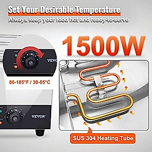 VEVOR 6-Pan Commercial Food Warmer, 6 x 8QT Electric Steam Table, 1200W Professional Countertop Stainless Steel Buffet Bain Marie with 86-185°F Temp Control for Catering and Restaurants, Silver