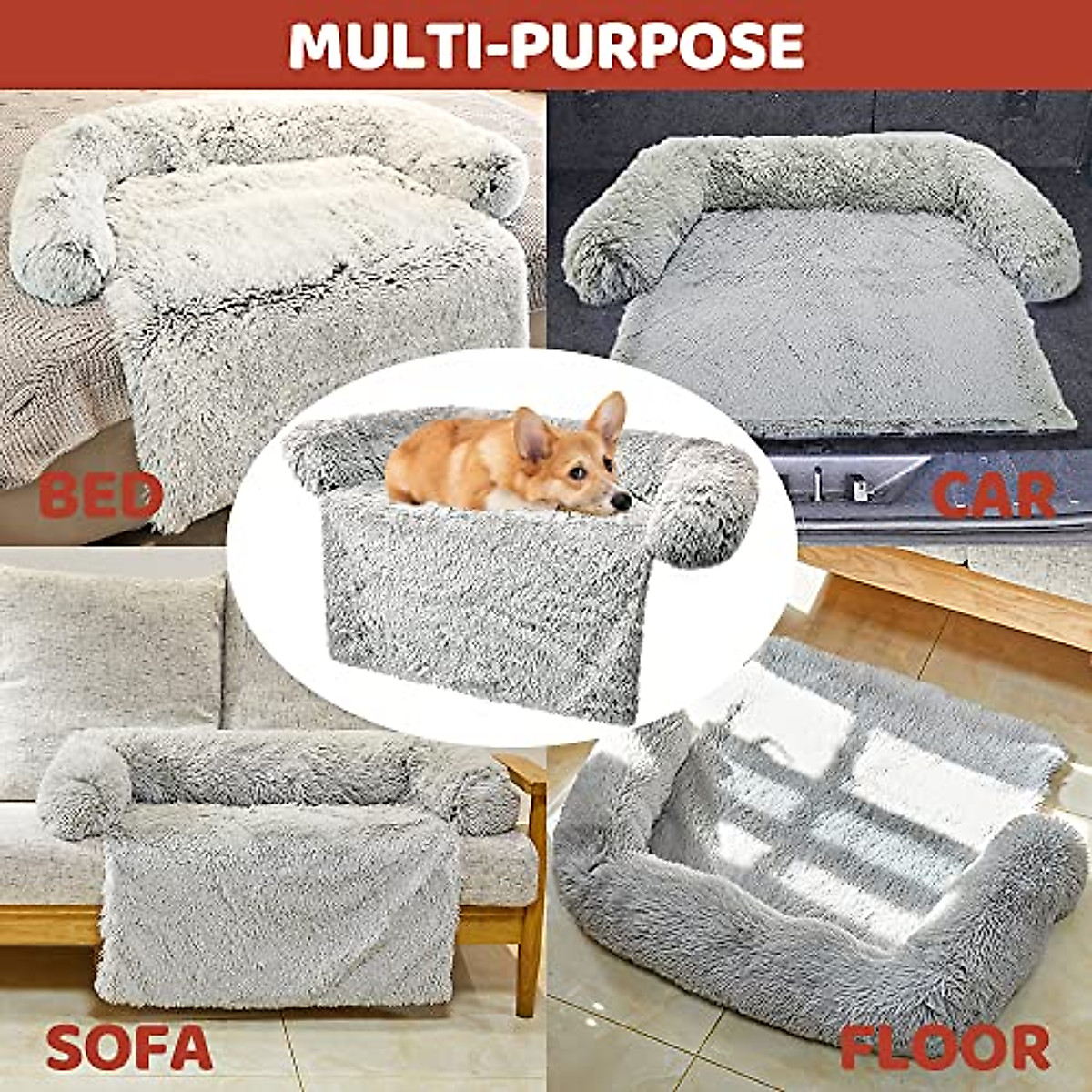 JMHUND Calming Dog Bed,Pet Couch Protector with Soft Neck Bolster,Plush Dog Sofa Mat for Furniture Protector with Removable Washable Cover