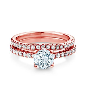 18K Rose Gold Plated Silver Sky Blue Aquamarine and White Moissanite Wedding Engagement Band Bridal Set Ring For Women (1.24 Cttw, Gemstone March Birthstone, Available In Size 5, 6, 7, 8, 9)