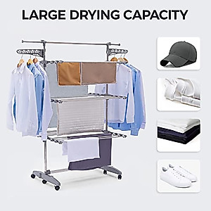 Clothes Drying Rack, 3-Tier Folding Rolling Laundry Drying Rack with Extendable Hanging Rods, Adjustable Wings, Rolling Wheels, Multifunctional Stainless Steel Garment Drying Racks for Indoor Outdoor