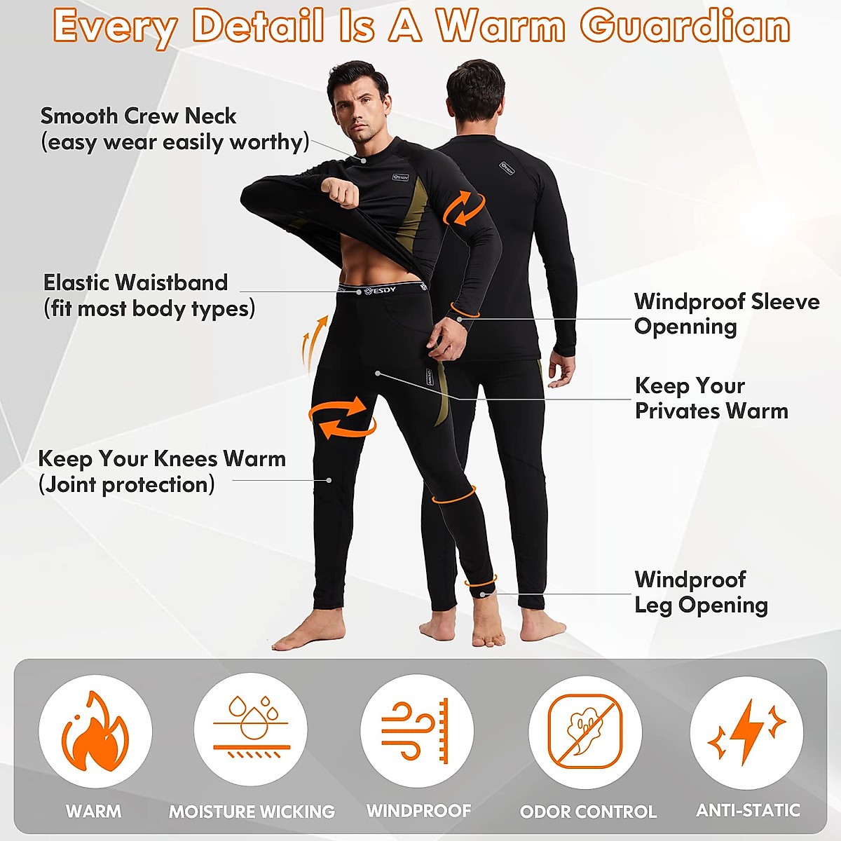 romision Long Johns for Men Thermal Underwear Set Winter Hunting Gear Sport Bottom Top Base Layer for Cold Weather A-black
