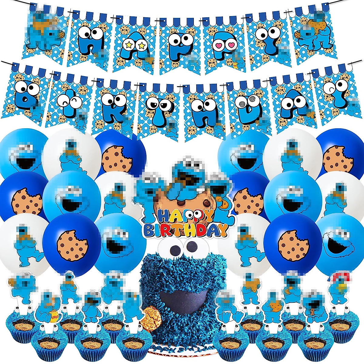 46 Pcs Cartoon Cookies Birthday Party Supplies Includes Happy Birthday Banner Cake&Cupcake Toppers Balloons for Boys Girls Baby Shower Monster Theme Party Decoration
