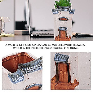 Cabilock 1pc Flowerpot Desktop Flower Vase House Shaped Planter Pot Ceramic Pot Small Plant Pots Cute Flower Pots Chinese Style Flower Planter Planters Mini Ceramics Green Plants Penholder