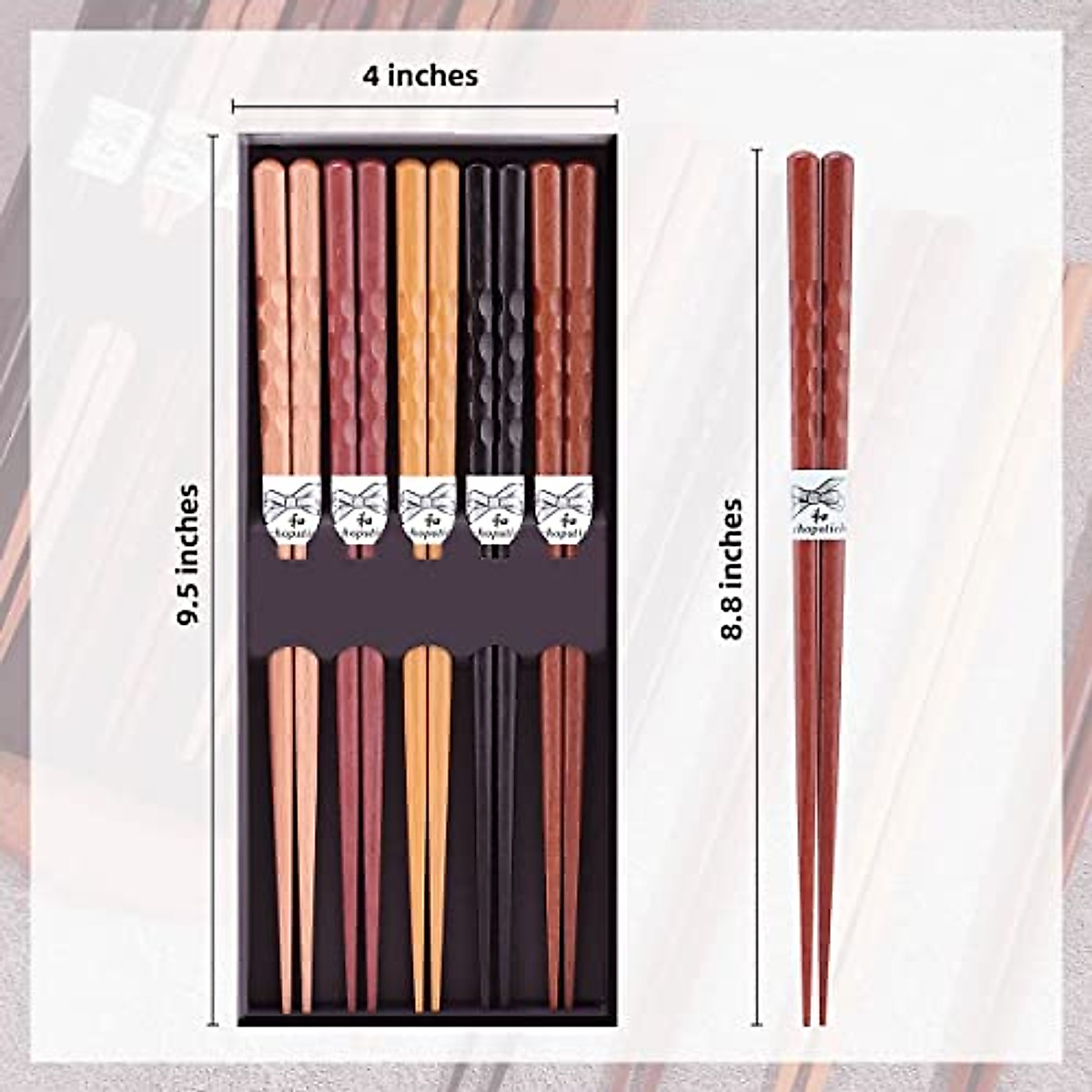 MFJUNS 5-Pairs Reusable Set of Chopsticks, Natural Wood Chopstick and Minimalism Japanese Chopsticks Non-slip Design 8.8 Inch/22.5cm Gift Set