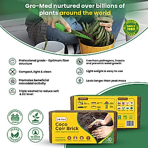 Gro-Med Organic Coconut Coir Brick Expands Upto 10 Quarts - Best for Gardening, Seed Starter, Potting Soil Mix - 1.4 lb Compressed Coir for Flowers, Herbs, Vegetables - OMRI Listed Low EC Balanced pH