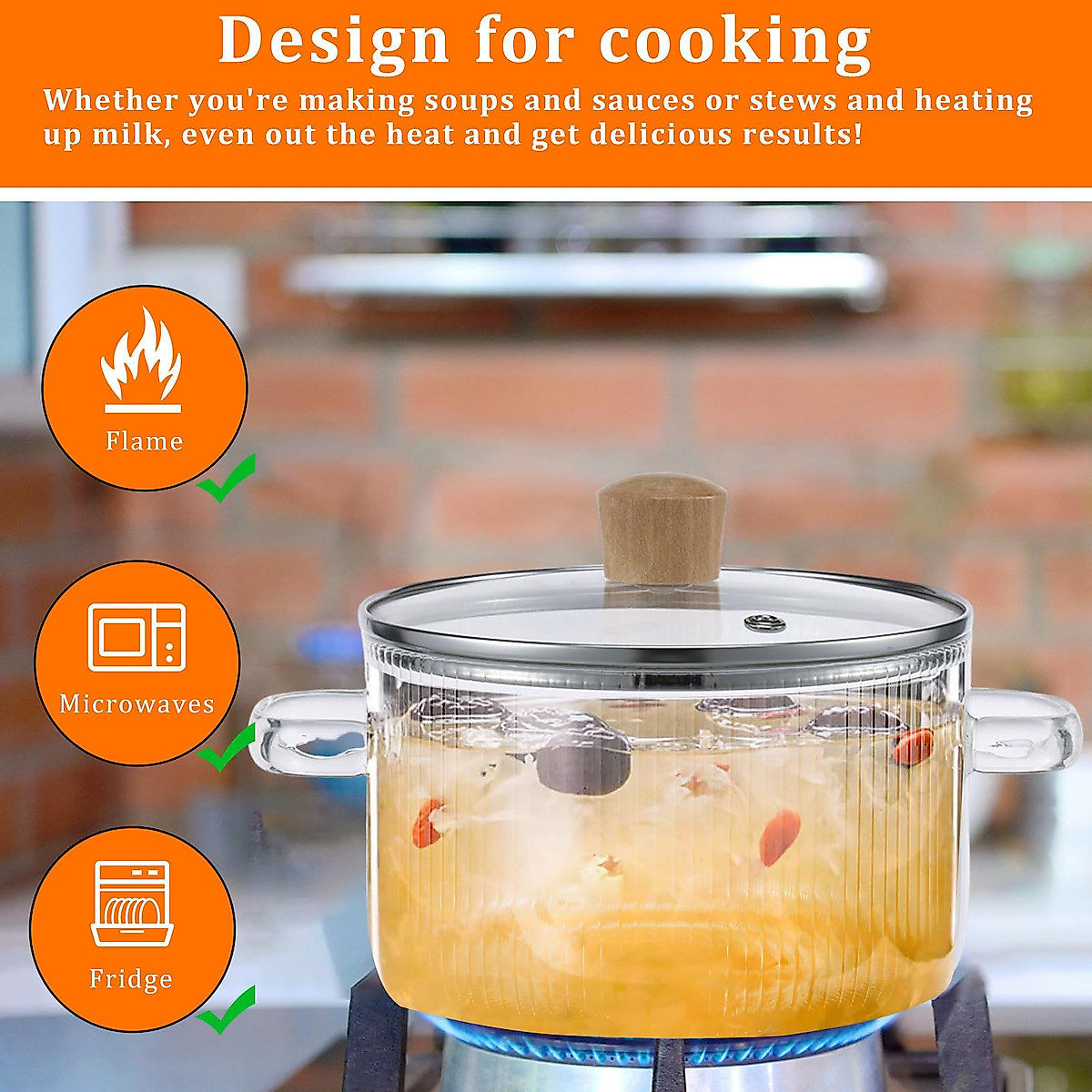 Glass Saucepan with Lid, 1.6L/54oz Heat Resistant Glass Stovetop Pot with Handles Non-Stick Borosilicate Glass Stovetop Soup Pot Glass Cooking Pot Safe Clear Cooking Pot for Soup Milk Sauce Pasta