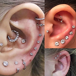 CANDYFANCY 16g Flat Back Earrings 10mm Post 316L Surgical Steel Bar 2mm 3mm 4mm CZ Stud Earrings Set Ear Lobe Rook Helix Conch Piercing Jewelry