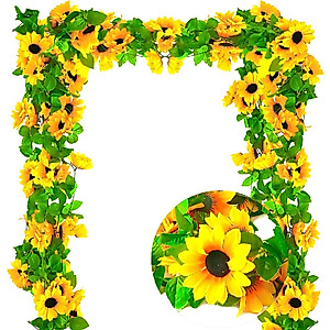 DomeStar 4 Pack Artificial Sunflower Garlands 29 FT Silk Sunflower Vines with Green Leaves, Hanging Flowers Garland for Sunflower Theme Party Fall Wedding Home Decorations